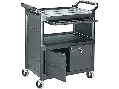 Rubbermaid Commercial Plastic Service and Utility Cart with Cabinet and Sliding Drawer, Black (FG345700BLA) 200 lbs