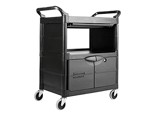 Rubbermaid Commercial Plastic Service and Utility Cart with Cabinet and Sliding Drawer, Black (FG345700BLA) 200 lbs