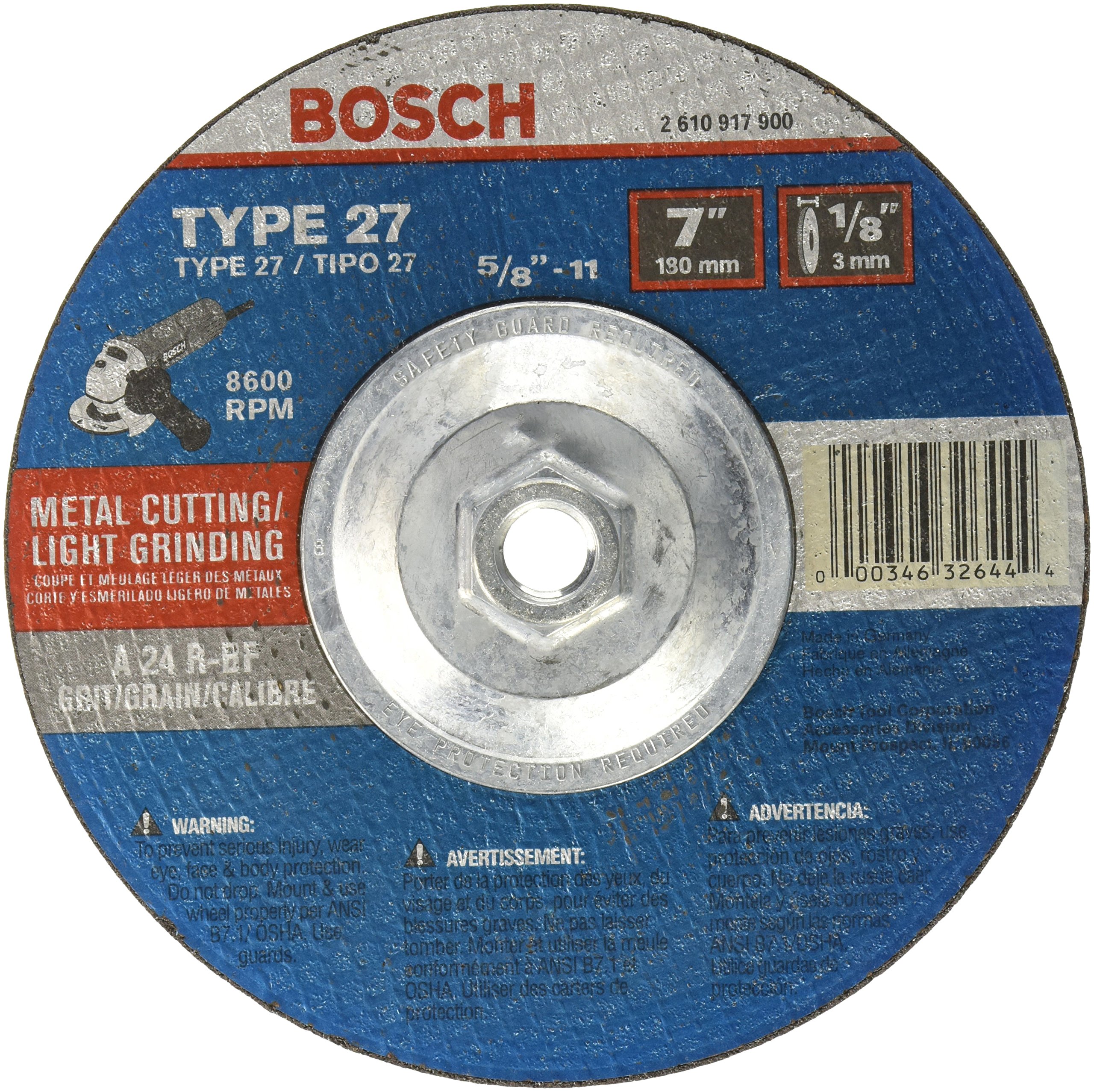 BOSCH CG27M701 7 In. 1/8 In. 5/8-11 In. Arbor Type 27 24 Grit Light Grinding/Metal Cutting Abrasive Wheel