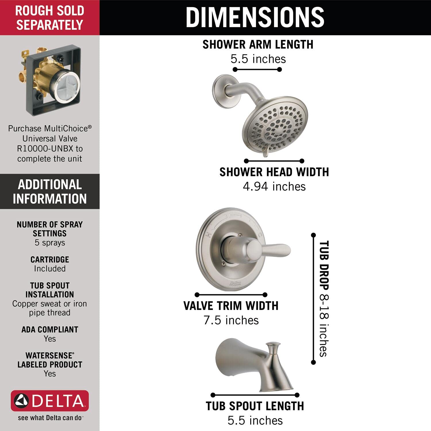 Delta Faucet Lahara 14 Series Single-Handle Tub and Shower Trim Kit, Shower Faucet with 5-Spray Touch-Clean Shower Head, Stainless T14438-SS (Valve Not Included), Without Rough