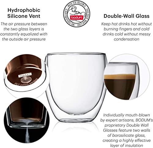 Bodum ASSAM Coffee Mug, Double-Wall Insulate Glass Mug, Clear, 8 Ounces Each (Set of 2)