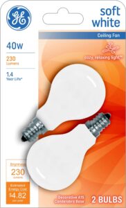 ge a15 ceiling fan decorative light bulb, soft white finish, 40-watt, candelabra base, 2-pack