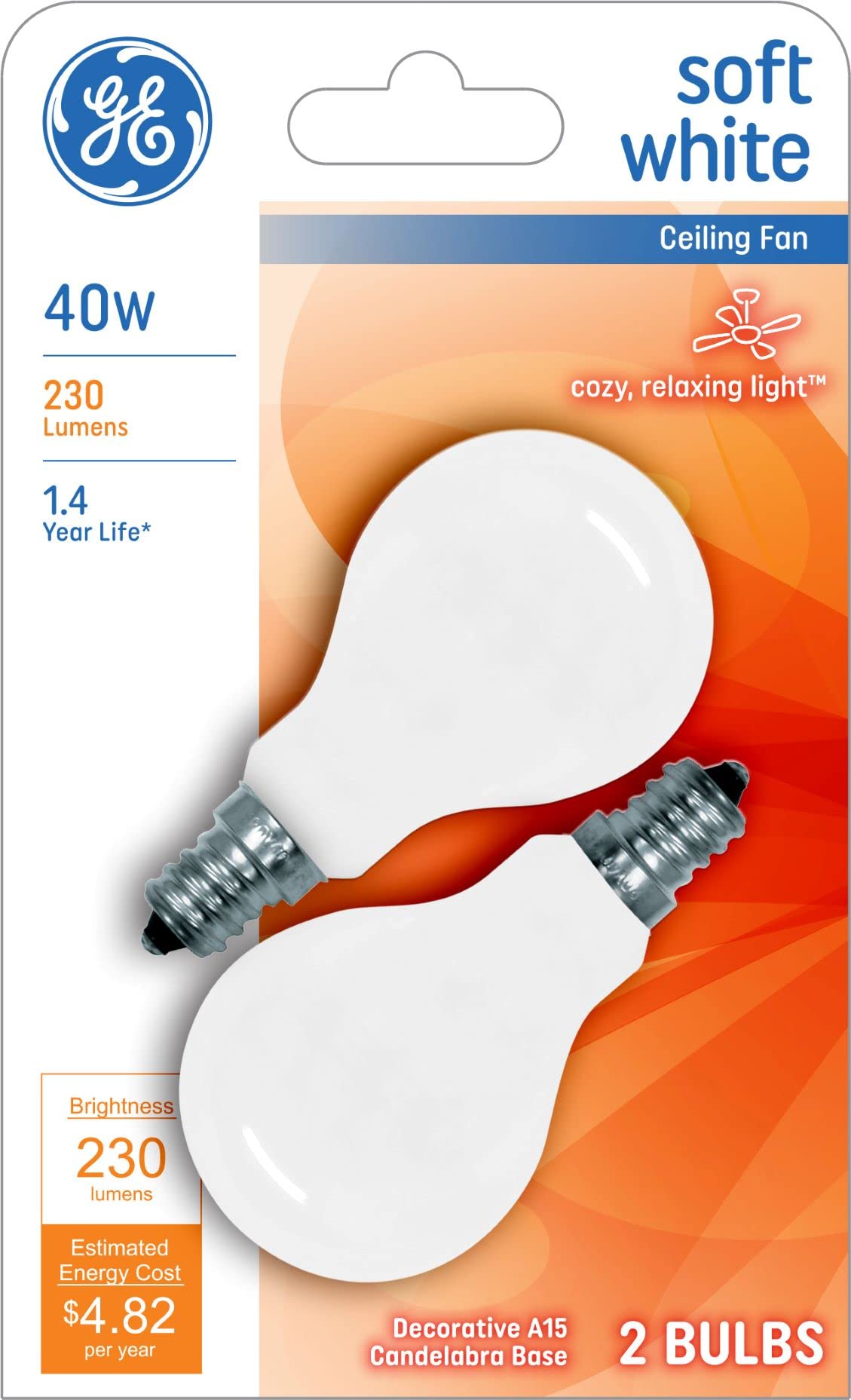 GE A15 Ceiling Fan Decorative Light Bulb, Soft White Finish, 40-Watt, Candelabra Base, 2-Pack