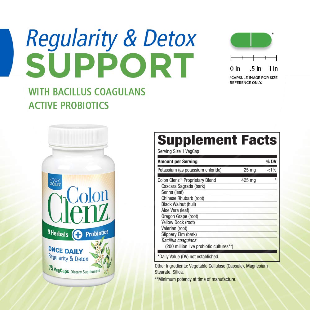 Body Gold Colon Clenz Regularity & Detox Formula | Once Daily Support with 9 Herbs + Active Probiotics | 75 CT