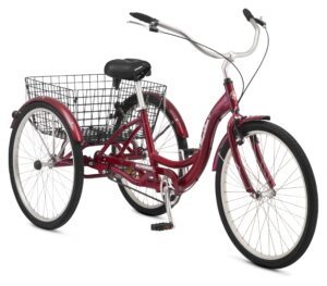 schwinn meridian adult tricycle bike, mens and womens three wheel beach cruiser, 26-inch wheels, low step-through frame, wide seat, rear folding basket, 1-speed, maroon