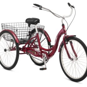 Schwinn Meridian Adult Tricycle Bike, Mens and Womens Three Wheel Beach Cruiser, 26-Inch Wheels, Low Step-Through Frame, Wide Seat, Rear Folding Basket, 1-Speed, Maroon