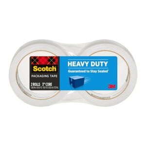 scotch heavy duty packaging tape, 1.88" x 54.6 yd, designed for packing, shipping and mailing, strong seal on all box types, 3" core, clear, 2 rolls (3850-2)