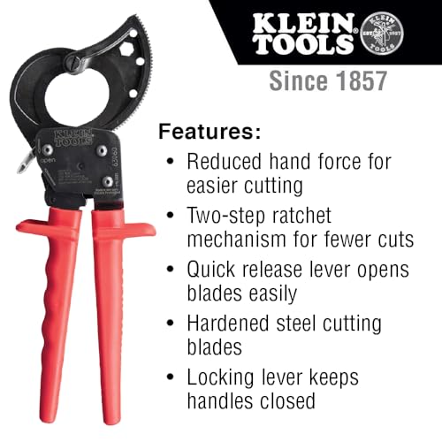 Klein Tools 63060 Cable Cutters, Ratcheting Heavy Duty Cutters for Up to 750 MCM, Great for Cable Preparation