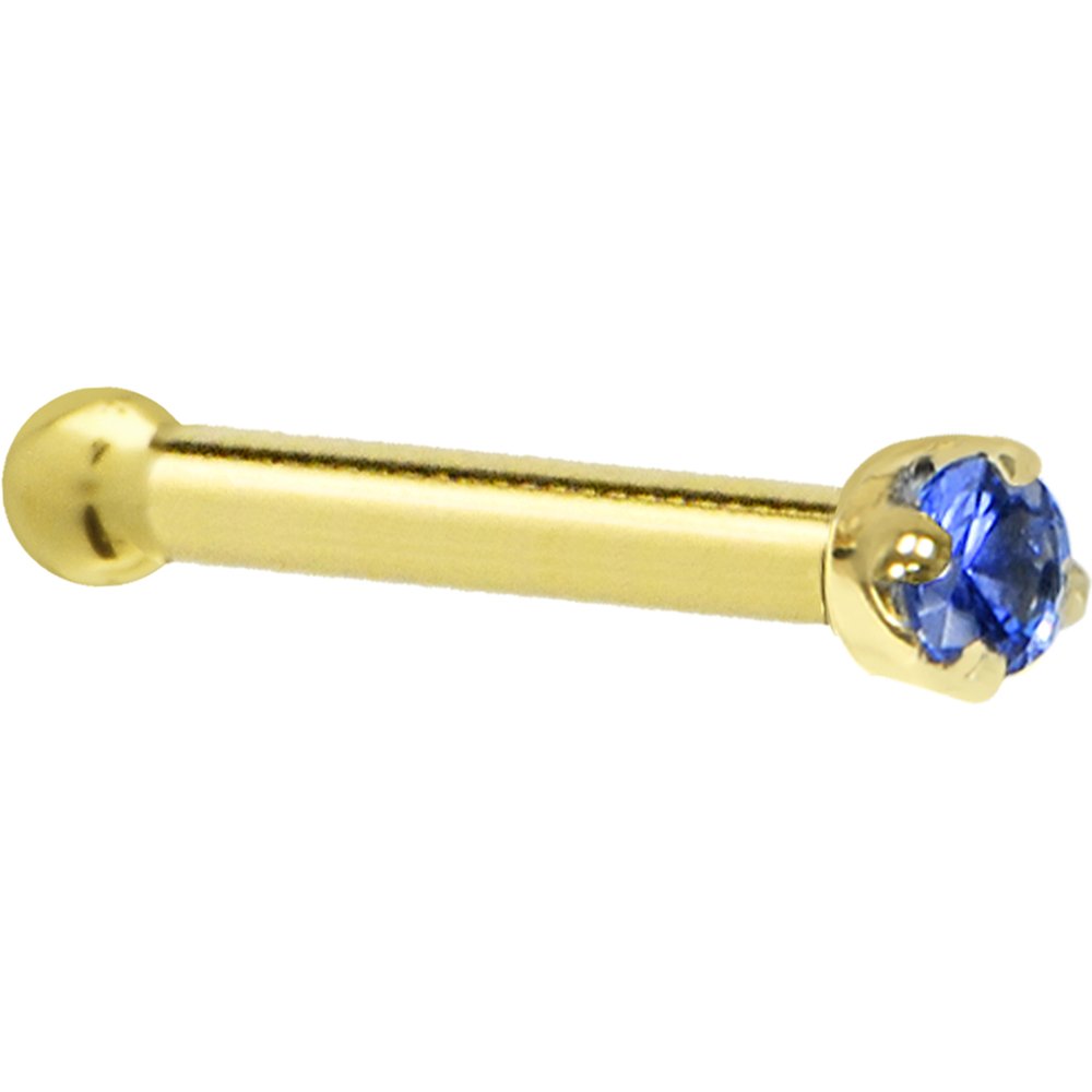 Solid 14k Yellow Gold 1.5mm Genuine Blue Sapphire Nose Stud Bone 18 Gauge 1/4"