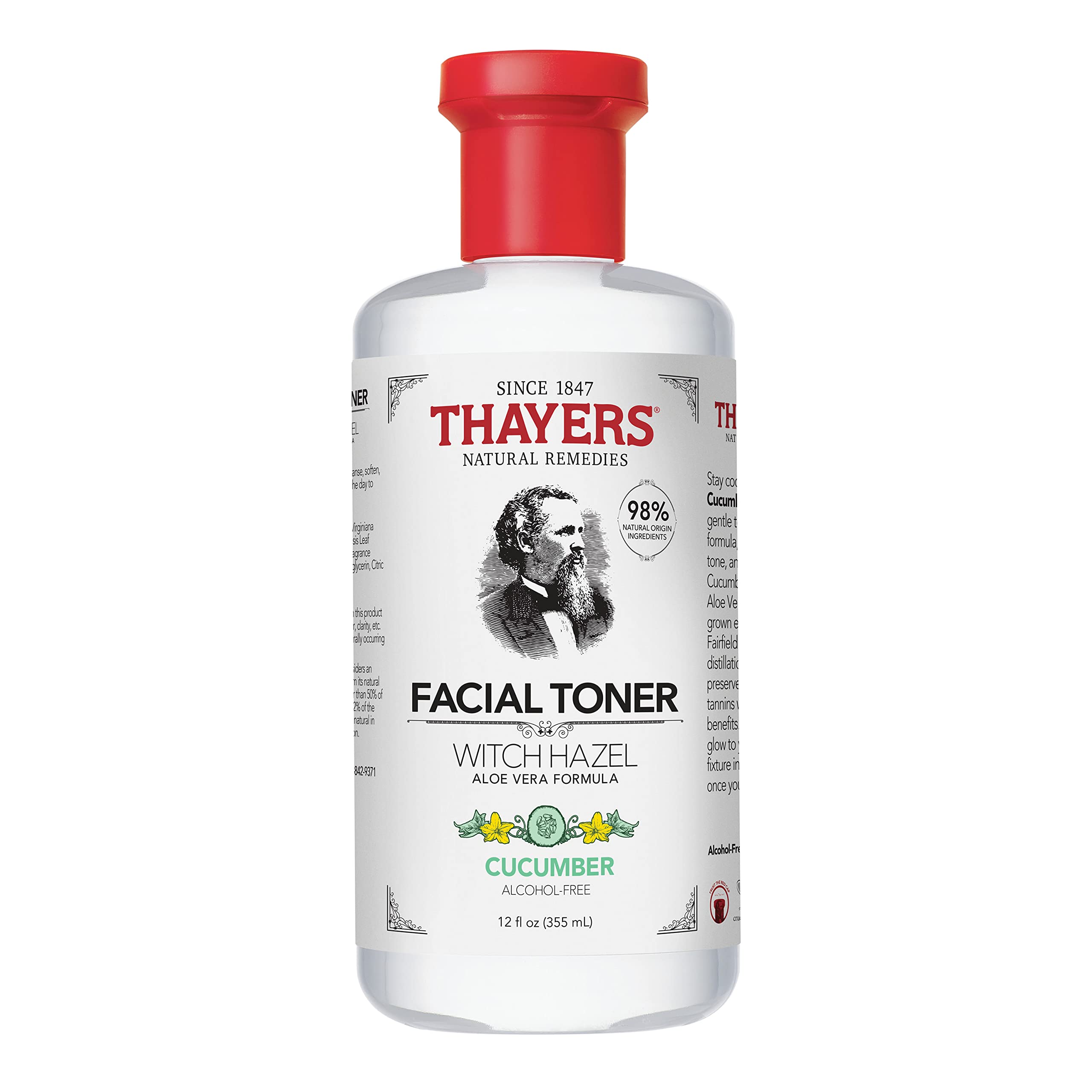 THAYERS Alcohol-Free, Hydrating Cucumber Witch Hazel Facial Toner with Aloe Vera Formula, Vegan, Dermatologist Tested and Recommended, 12 Oz