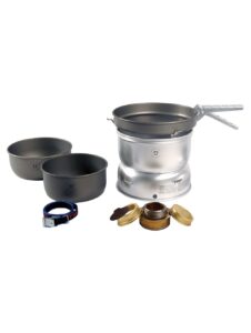 trangia - 25-7 ultralight hard anodized camping cookset | includes: alcohol stove, 2 ha pots, ha frypan, upper & lower windshield, pot gripper, & strap