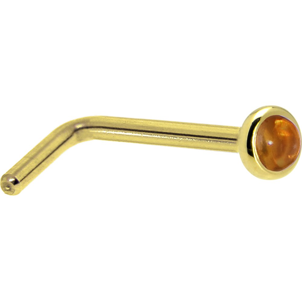 Body Candy Solid 14k Yellow Gold 2mm Genuine Citrine Saffron L Shaped Nose Stud Ring 20 Gauge 1/4"