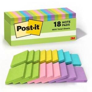 post-it notes, 3x3 in, 18 pads, america's #1 favorite sticky notes, jaipur collection, bold colors (green, yellow, orange, purple, blue), clean removal, recyclable (654-18brcp)