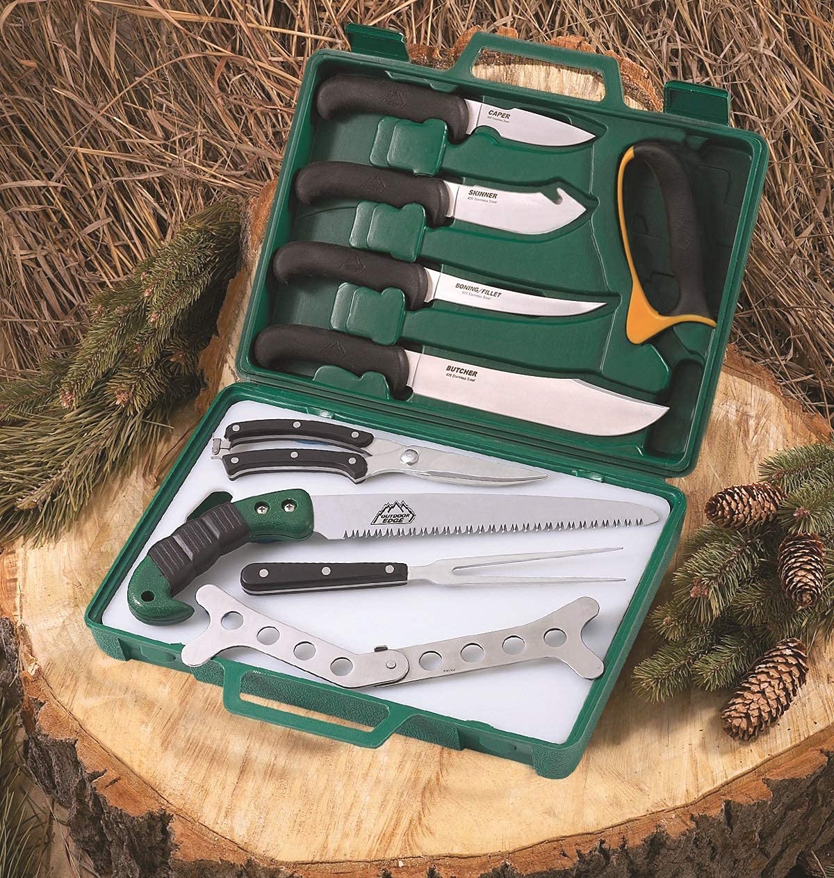 OUTDOOR EDGE Game Processor 12-Piece Hunting Knife Set | Caping & Boning Knives, Skinning Knife, Bone Saw, Game Shears, Knife Sharpener & Rib Spreader in Hard Case | Butcher Knife Set for Deer & Elk