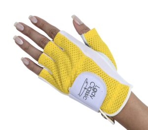 lady classic cabretta womens solar half 1/2 finger golf glove - left hand, yellow & white, large