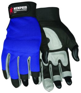 mcr safety 902l fasguard synthetic leather 3 fingerless design multi-task gloves with adjustable wrist closure, blue/black, large, 1-pair