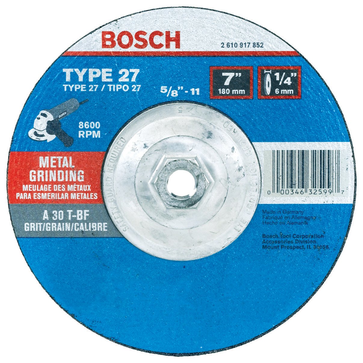 Bosch GW27M701 Type 27 Metal Grinding Wheel, 7-Inch 1/4 by 5/8-11-Inch Arbor (Pack of 1)