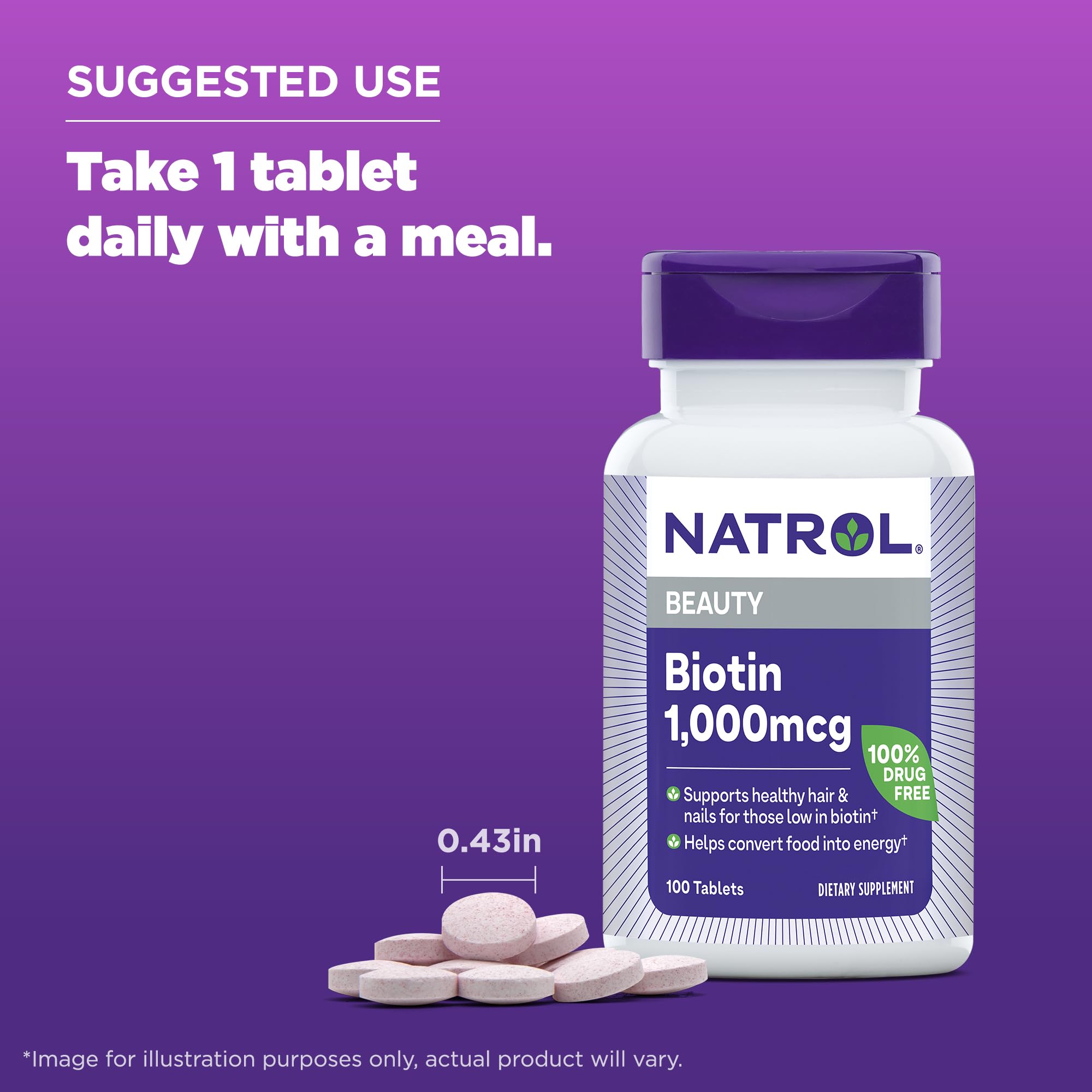 Natrol Beauty Biotin 1000mcg, Dietary Supplement for Healthy Hair, Skin, Nails and Energy Metabolism, 100 Tablets, 100 Day Supply