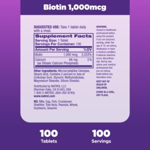 Natrol Beauty Biotin 1000mcg, Dietary Supplement for Healthy Hair, Skin, Nails and Energy Metabolism, 100 Tablets, 100 Day Supply