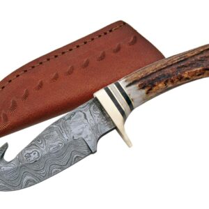 Damascus Szco Supplies 9.5"" Steel Gut Hook Skinning Knife with Sheath, Multi, one Size (DM-1008)