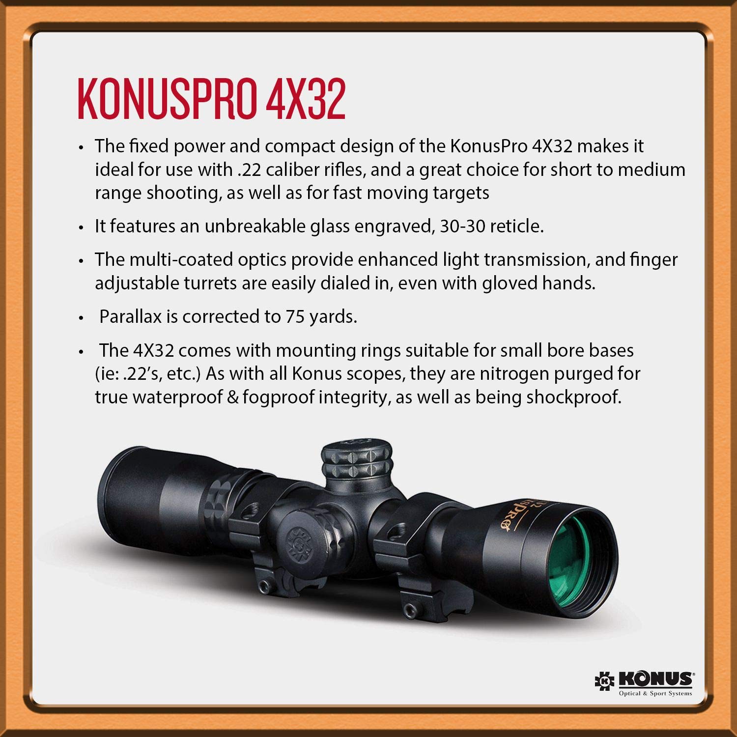 KONUS - KonusPro 7262 4X32mm Riflescope With Engraved 30/30 Reticle, Black