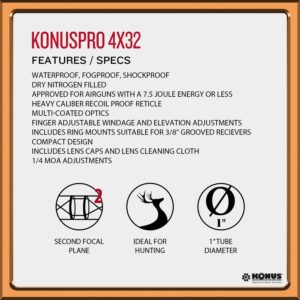 KONUS - KonusPro 7262 4X32mm Riflescope With Engraved 30/30 Reticle, Black