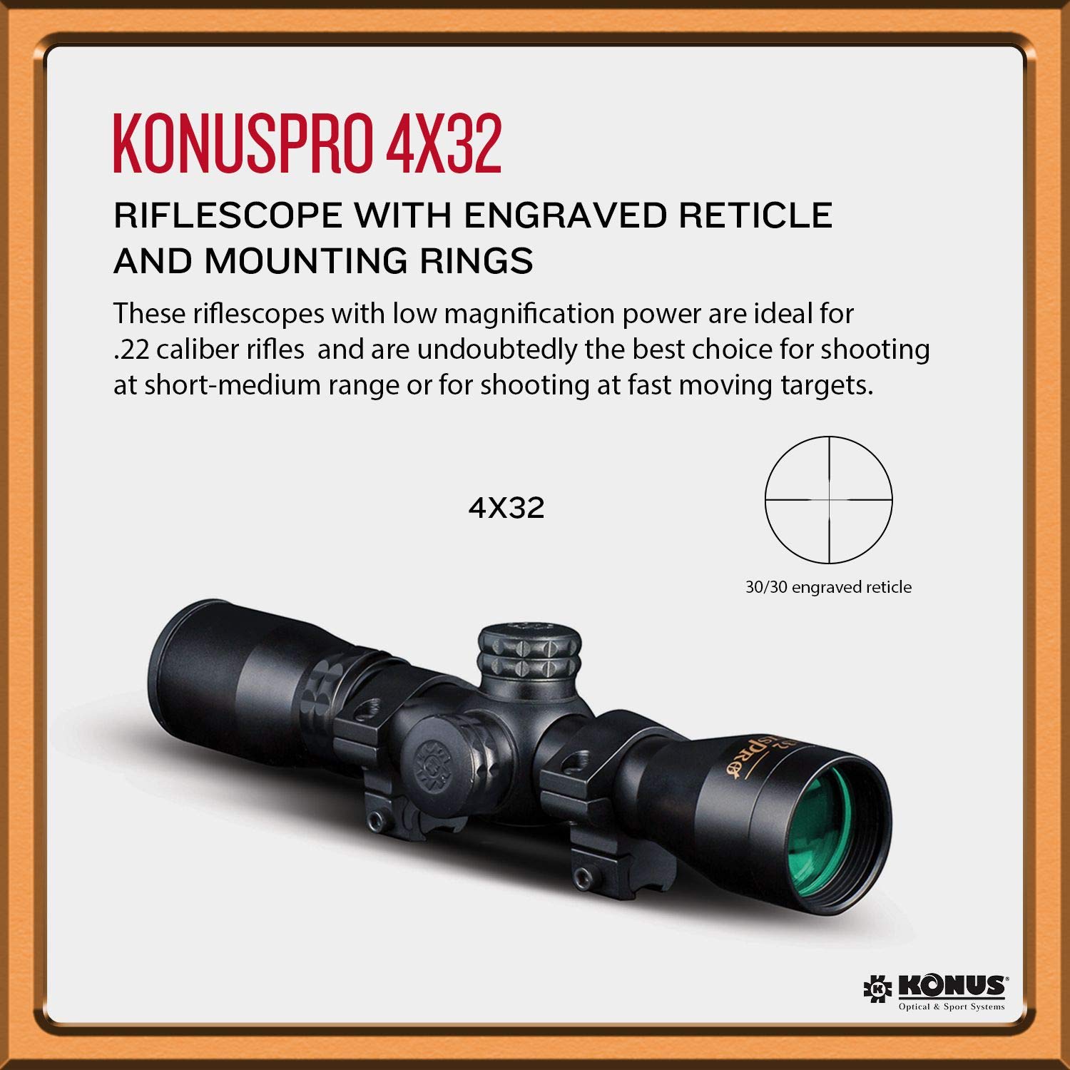 KONUS - KonusPro 7262 4X32mm Riflescope With Engraved 30/30 Reticle, Black