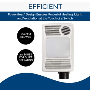 Broan 100HL Bathroom Fan, 100 CFM for 4" Ducts w/100W Max Incandescent Light (Not Included) & Heater - White