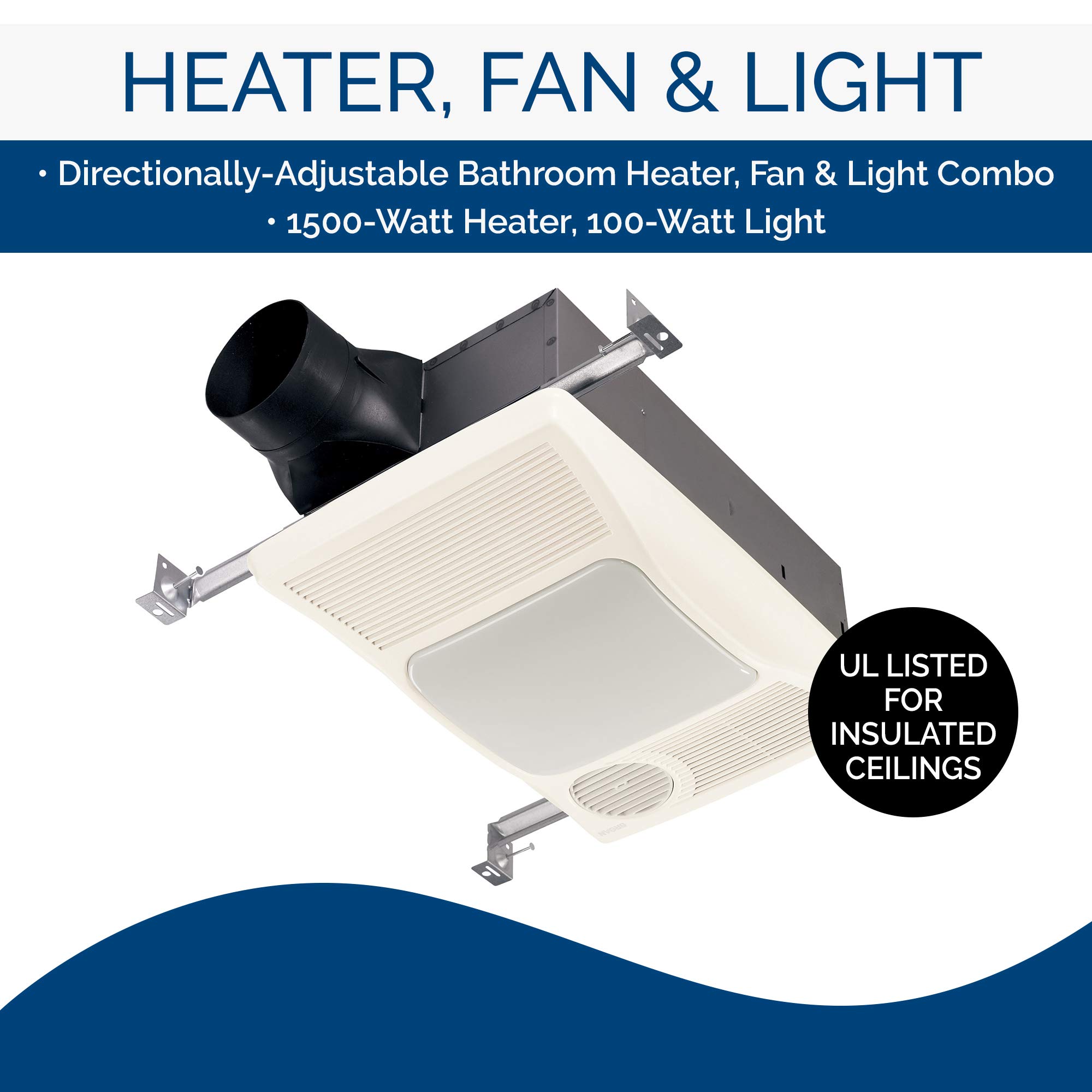 Broan 100HL Bathroom Fan, 100 CFM for 4" Ducts w/100W Max Incandescent Light (Not Included) & Heater - White