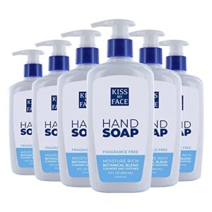 kiss my face fragrance free liquid hand soap, vegan and cruelty free hand wash soap, 9 fl oz bottle with pump dispenser, fragrance free, 6 pack