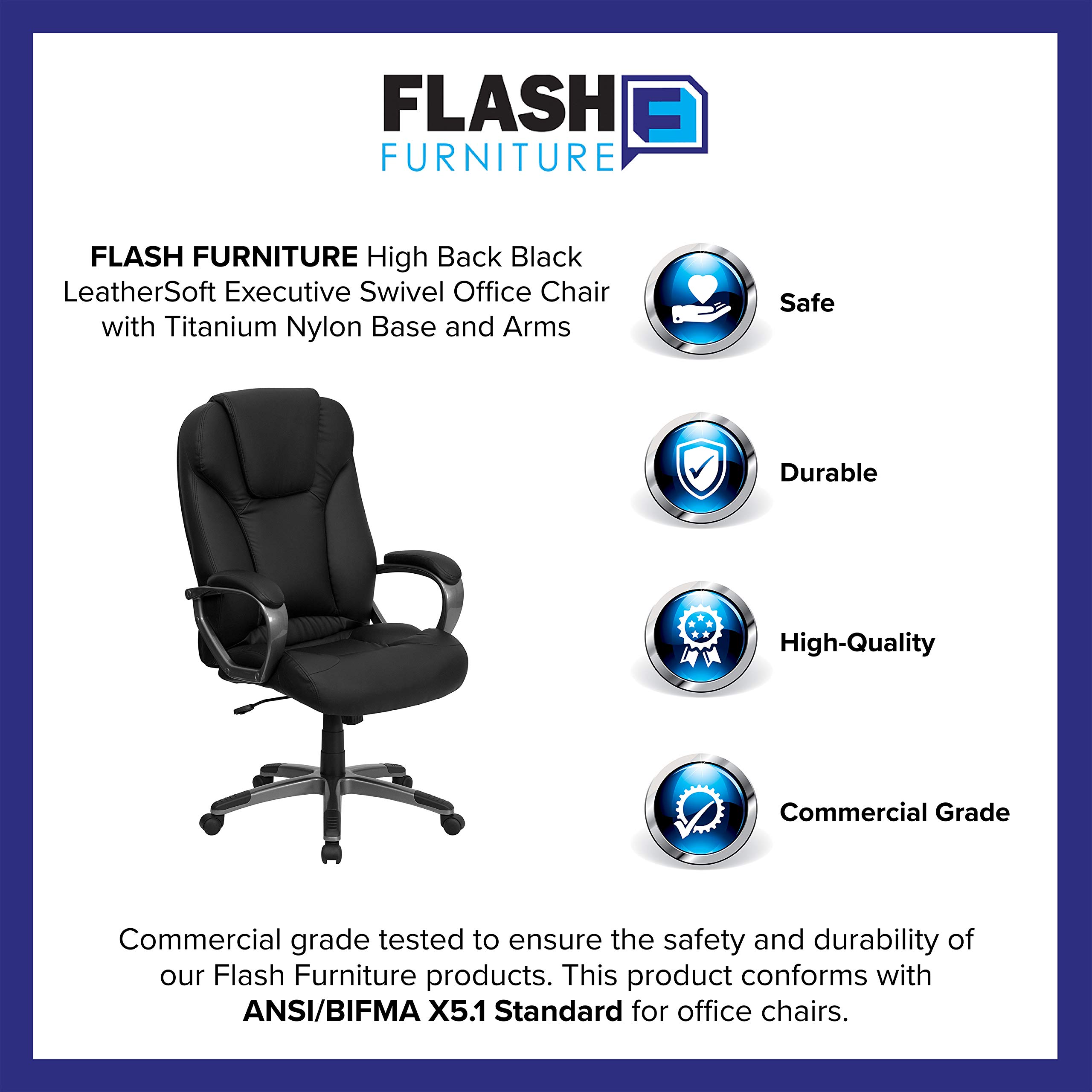 Flash Furniture High Back Black LeatherSoft Executive Swivel Office Chair with Titanium Nylon Base and Arms