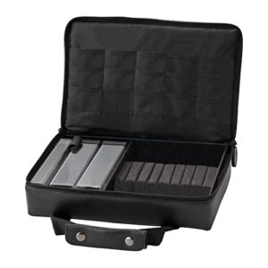 casemaster the pro leatherette dart case with leather-like exterior covering, holds 9 steel tip or soft tip darts with 15 built-in pockets for accessories and plastic tubes and containers for even more