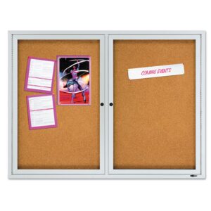 quartet cork bulletin board, 2 glass doors, enclosed, 4' x 3', outdoor message board, aluminum frame (2124)