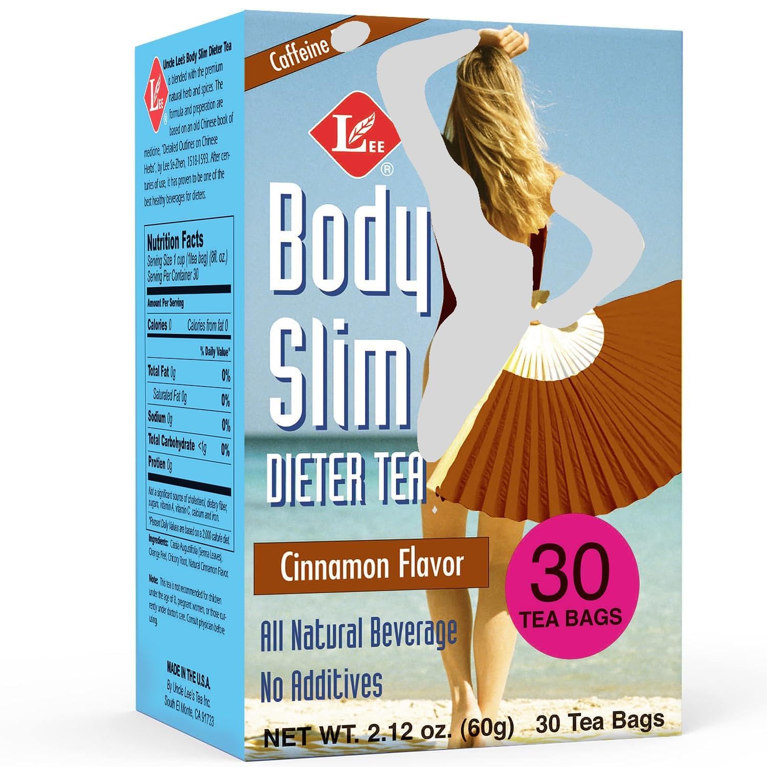 Uncle Lee’s Body Slim Dieters Tea, Detox & Slimming Tea, Senna, Bitter Orange, Cinnamon Flavor & Chicory Root, Natural Laxative, Caffeine-Free Herbal Tea Bags, 30 Count Ea (Pack of 6)