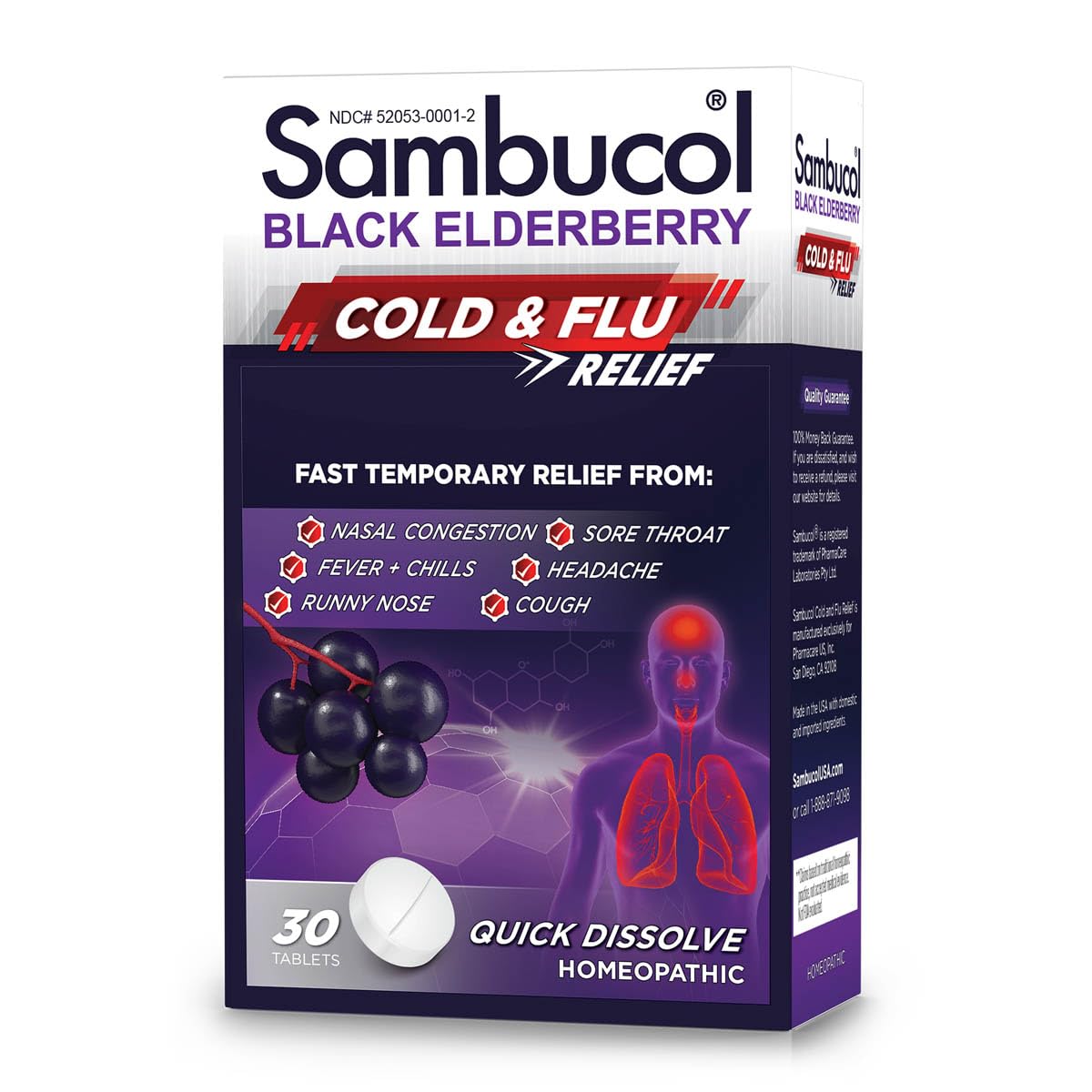 Sambucol Cold and Flu Relief Tablets - Homeopathic Cold Medicine, Cold Remedy for Adults, Black Elderberry for Colds, Zinc Cold Remedy - 30 Count