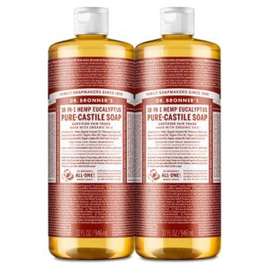 dr. bronner's - pure-castile liquid soap (eucalyptus, 32 ounce, 2-pack) - made with organic oils, 18-in-1 uses: face, body, hair, laundry, pets and dishes, concentrated, vegan, non-gmo