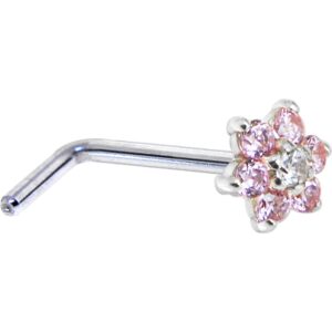 body candy solid 14k white gold pink and clear cubic zirconia flower l shaped nose stud ring 18 gauge 1/4"