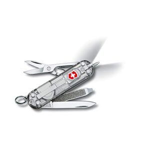 victorinox signature lite swiss army knife, compact 7 function swiss made pocket knife with pressurized ballpoint pen, led and key ring - silver tech