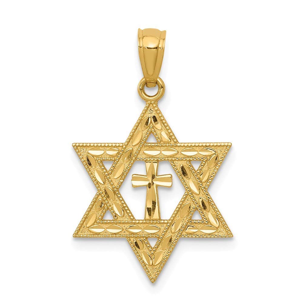 JewelryWeb 14k Yellow Gold Messianic Textured Religious Judaica Star of David With Cross Pendant - 16mm x 22mm - Star of David with Cross Necklace - Interfaith Gift for her