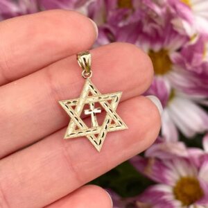 JewelryWeb 14k Yellow Gold Messianic Textured Religious Judaica Star of David With Cross Pendant - 16mm x 22mm - Star of David with Cross Necklace - Interfaith Gift for her