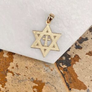 JewelryWeb 14k Yellow Gold Messianic Textured Religious Judaica Star of David With Cross Pendant - 16mm x 22mm - Star of David with Cross Necklace - Interfaith Gift for her