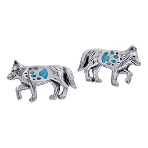 turquoise gemstone wolf with paw southwestern style 925 sterling silver post back stud earrings for women