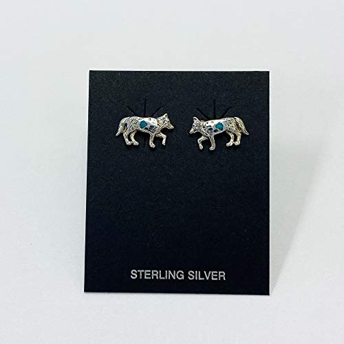 Turquoise Gemstone Wolf with Paw Southwestern Style 925 Sterling Silver Post Back Stud Earrings for Women