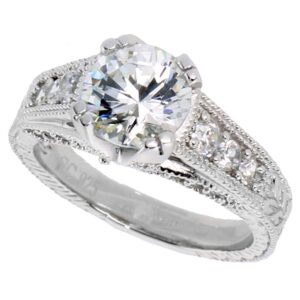 sterling silver vintage style cubic zirconia engagement ring round 2 ct center 3/8 inch wide, size 9