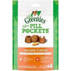 greenies feline pill pockets for cats natural soft cat treats, chicken flavor, 1.6 oz. pack (45 treats)