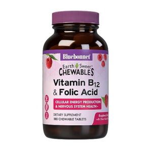 bluebonnet nutrition earth sweet vitamin b12 & folic acid chewable tablets, cream raspberry 180 count (pack of 1)