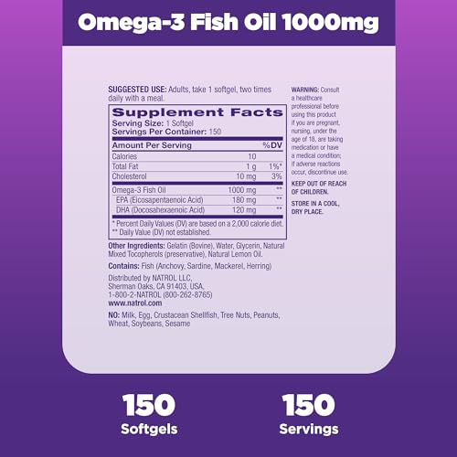 Natrol, Omega-3 Fish Oil Softgels, Heart Health Dietary Supplement, 1000 mg, 150 Count