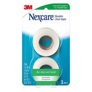 nexcare flexible clear tape, waterproof transparent medical tape, secures dressings and catheter tubing - 1 in x 10 yds, 2 rolls of tape