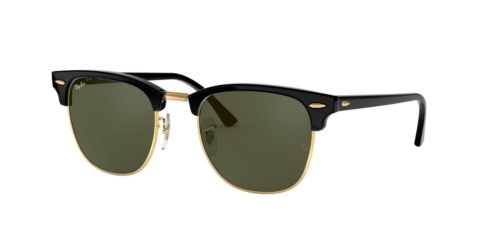 Ray-Ban RB3016 Clubmaster Square Sunglasses, Black On Gold/G-15 Green, 49 mm