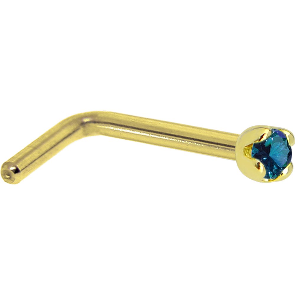 Body Candy Solid 14k Yellow Gold 1.5mm (0.015 cttw) Genuine Blue Diamond L Shaped Nose Stud Ring 18 Gauge 1/4"